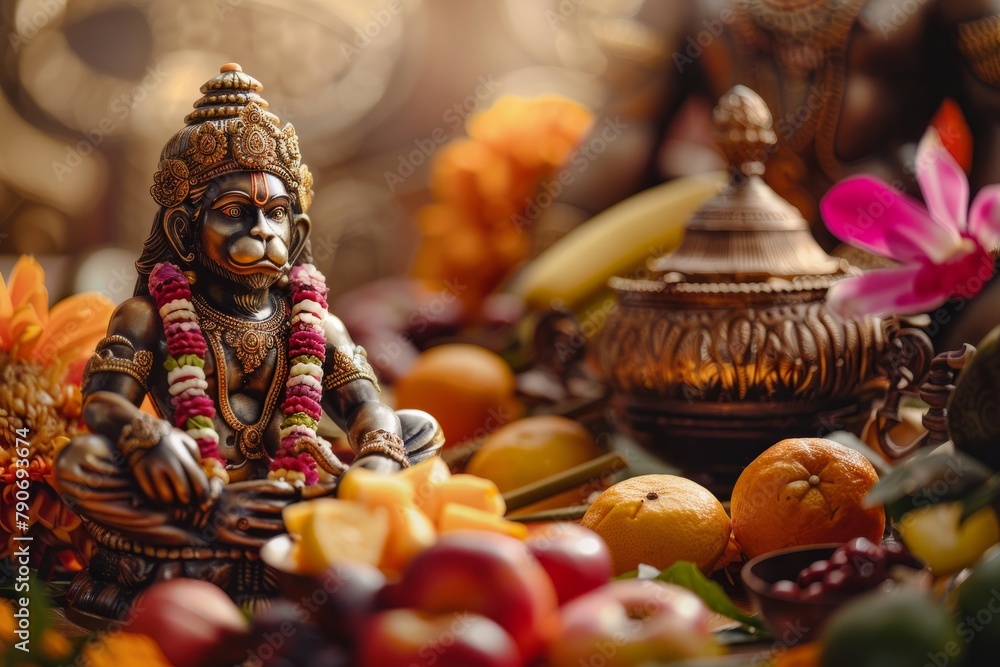 A photograph of a festive meal with an image of the deity Hanuman on ...