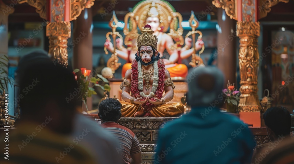 A photo of a meditation practice where devotees sit before an image of ...