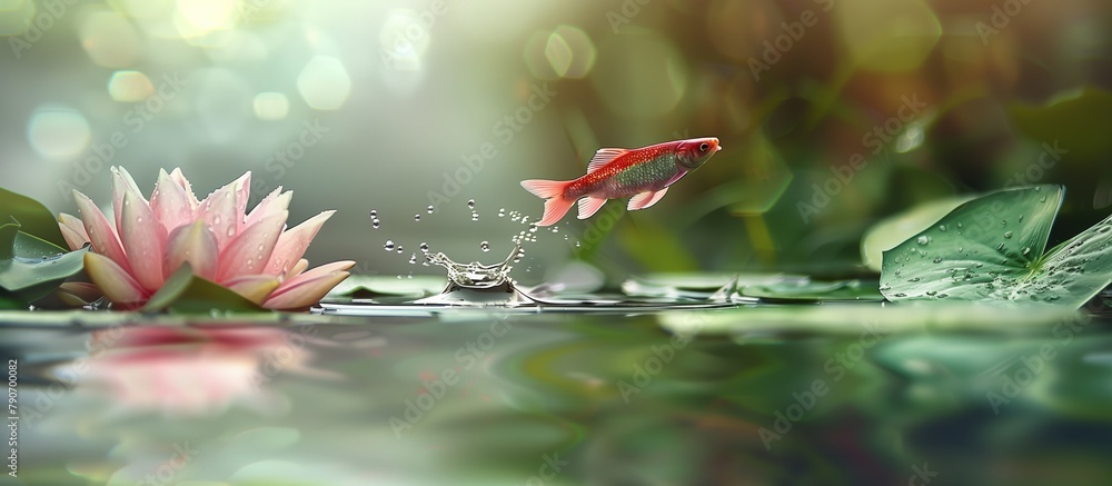 Pink water lily and a fish jumping from pond, Pink lotus flower with ...