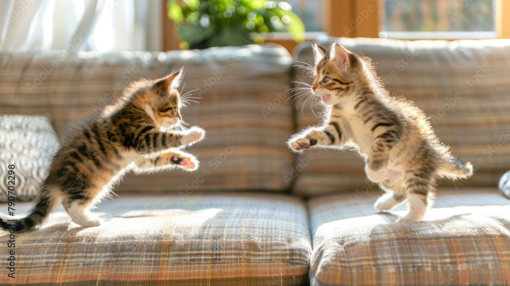 Two young kittens are energetically playing with each other on a couch ...
