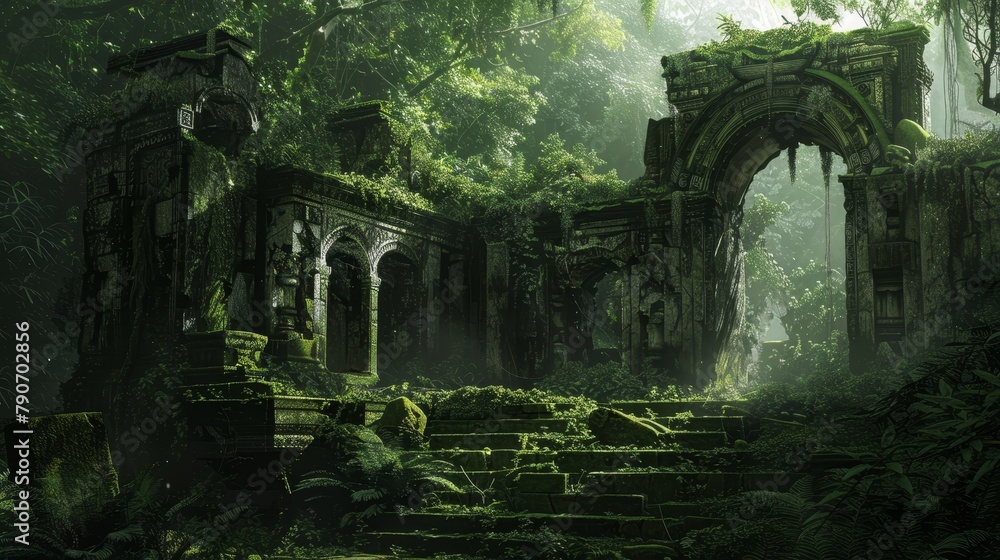 Ancient fortress hidden in a thick jungle, ruins covered in vines and moss, hinting at forgotten ...