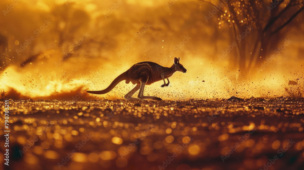A kangaroo dashes through a field while a dangerous fire rages in the ...