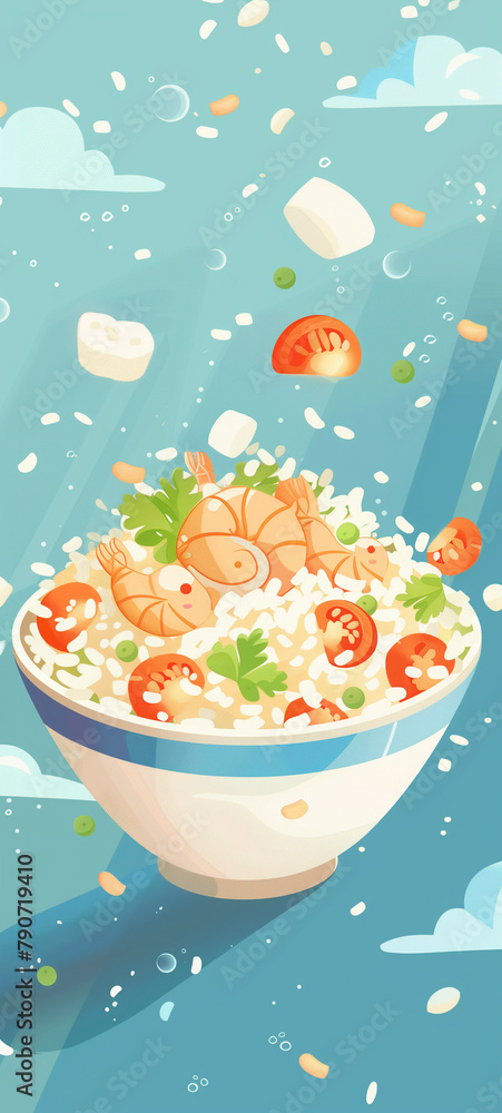 An animated illustration depicts a vibrant bowl of seafood fried rice ...