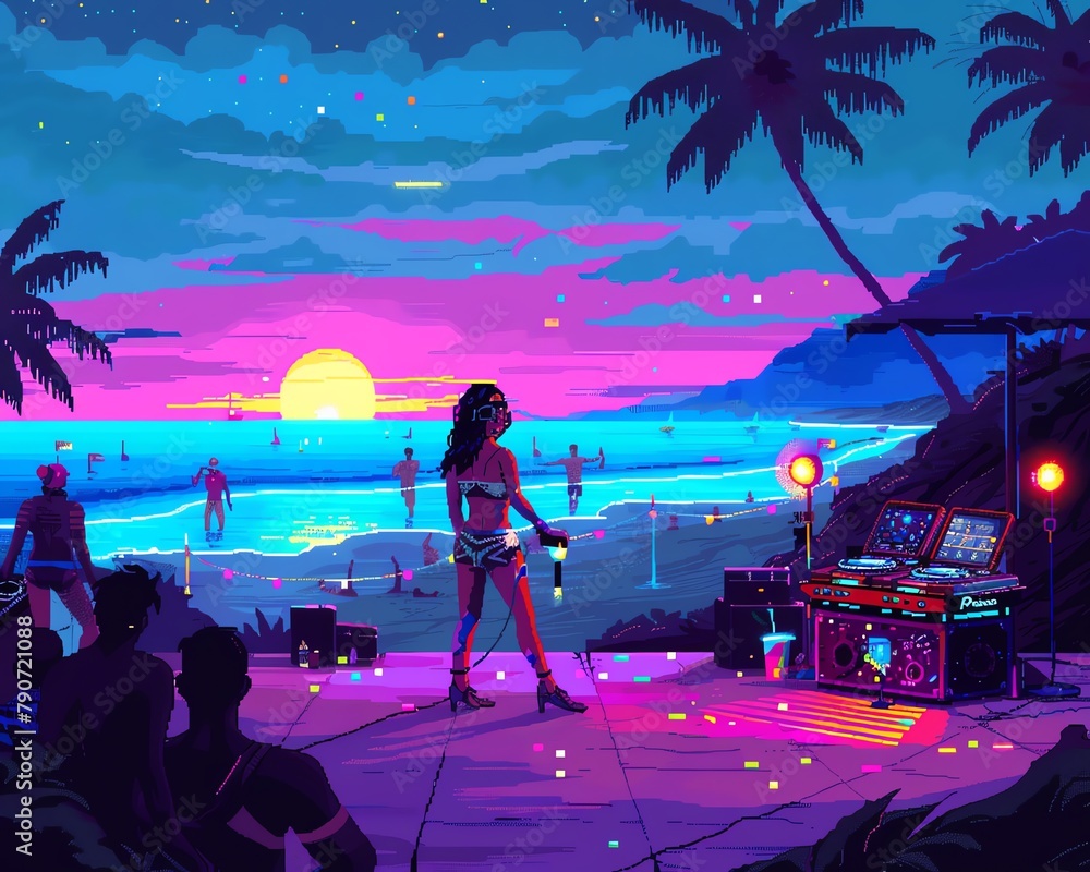 Pixel art beach party scene with a girl DJing, dance floor, neon lights ...