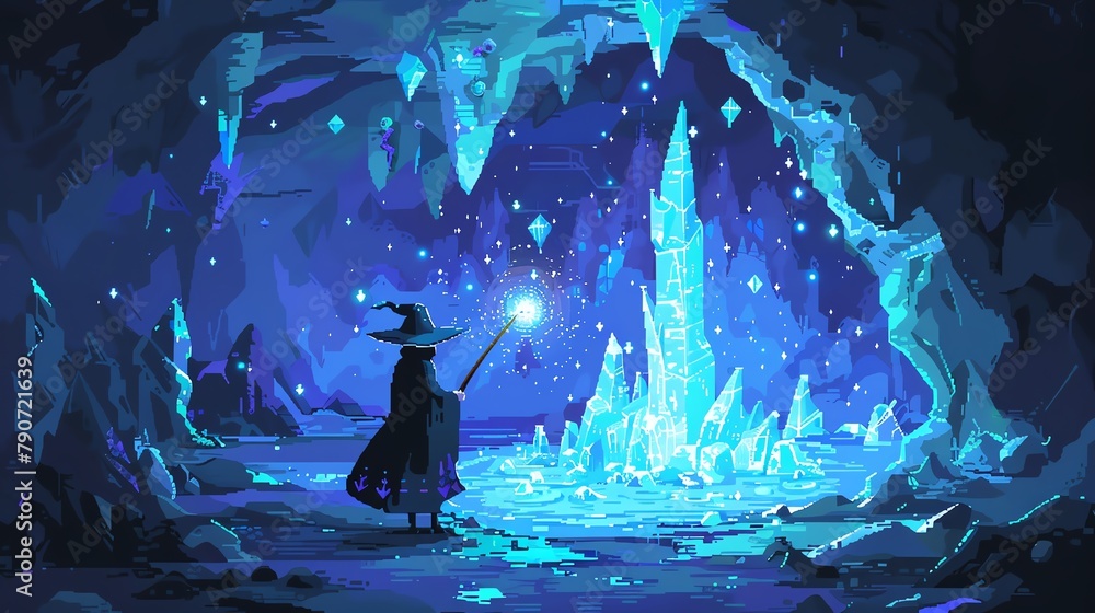Pixel art of a girl wizard casting enchantments in a shimmering cave of ...