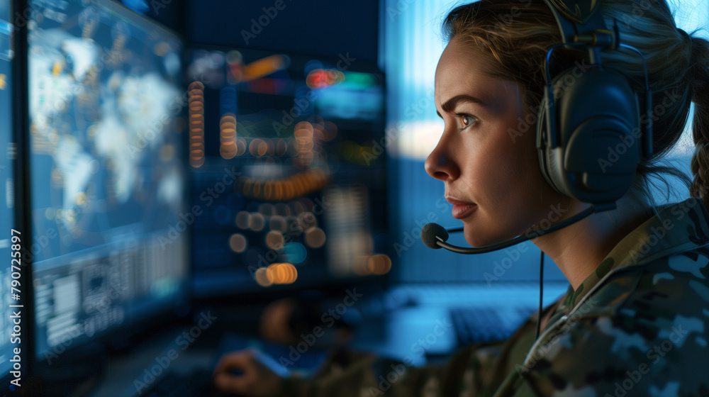 In a fortified operations center, a capable female officer multitasks ...