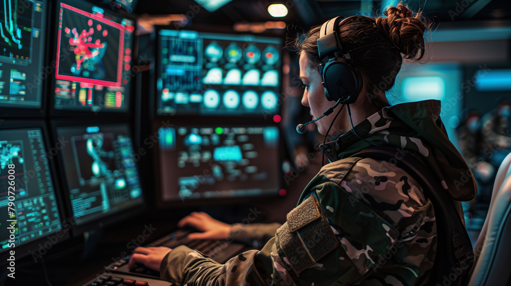 In a tactical command hub, a skilled military woman sits at a control ...