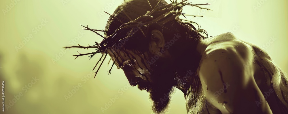 Detailed image of a man wearing a crown of thorns, with blood on his ...