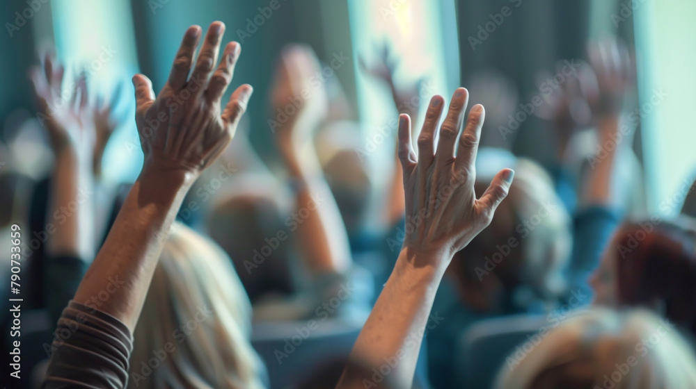 In the conference room, attendees raised their hands gracefully in a ...