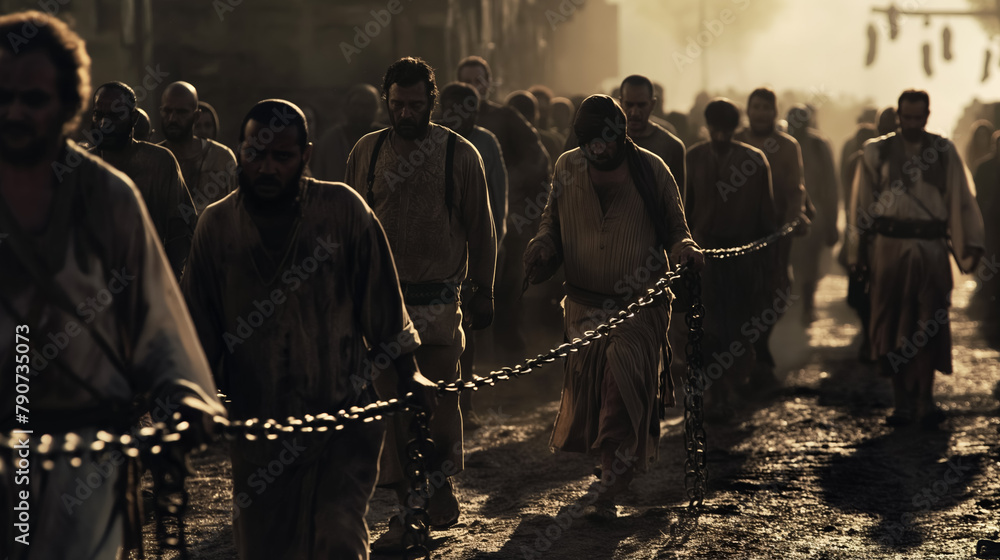 Cinematic portrayal of a group of men chained together, walking through ...