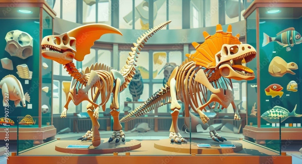 Paleontology exhibition with prehistoric extinct animals' bones, stone ...
