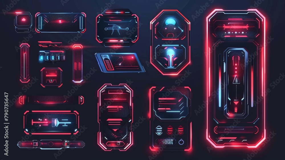 Live stream panels, overlay frames, and buttons with neon red glow ...