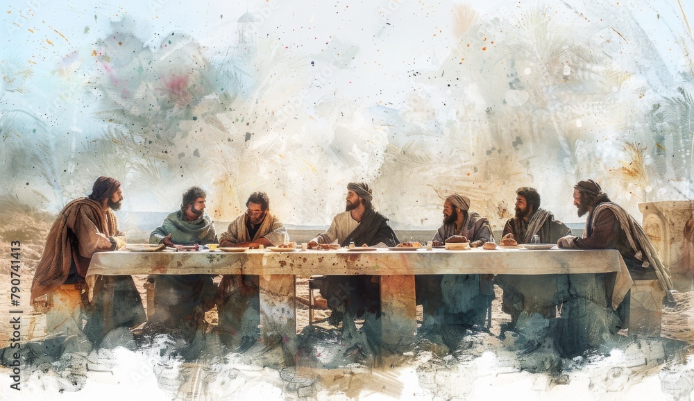 Watercolor painting of the last supper, Jesus and his disciples sitting ...