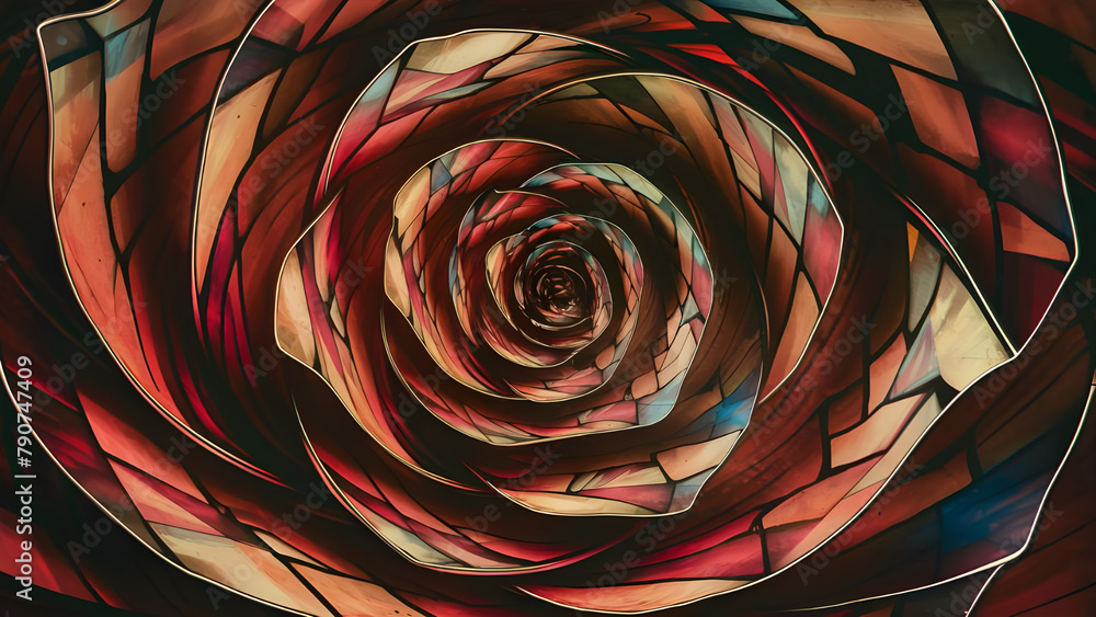 A stained glass vortex shaped like a rose. Each swirling petal displays ...