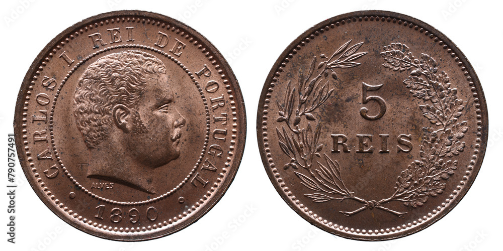 Portuguese copper coin from the reign of Charles I. On the obverse the ...