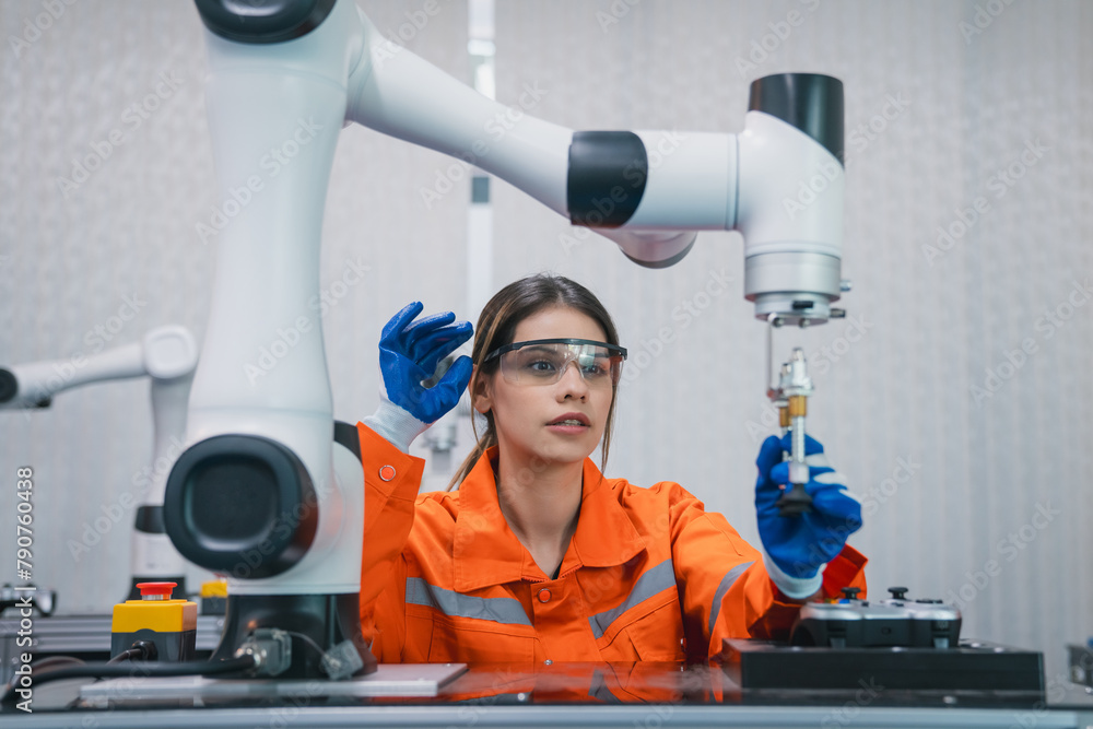 Engineering student assembling a robotic arm using a computer in a ...