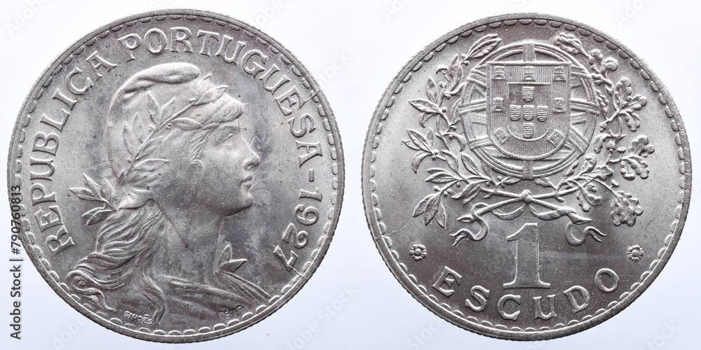 Portuguese 1 escudoalpaca coin. On the obverse the bust of the republic ...
