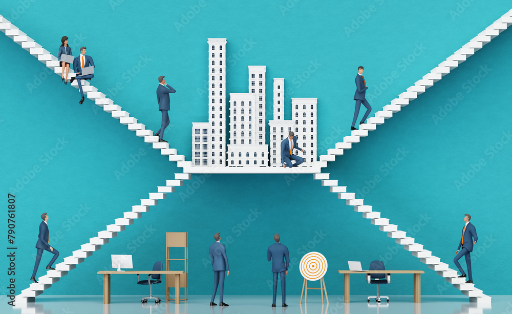 Business people walking up and down stairs, working together.. Business ...