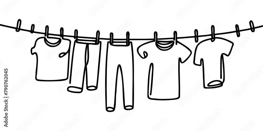 Continuous one line drawing of laundry hang on clothline. Vector ...