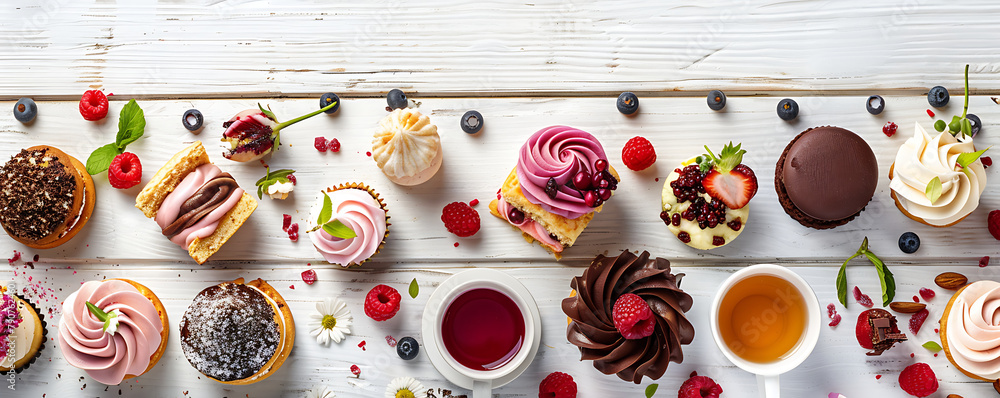 Tea and assorted sweet desserts Mother's Day border background against ...