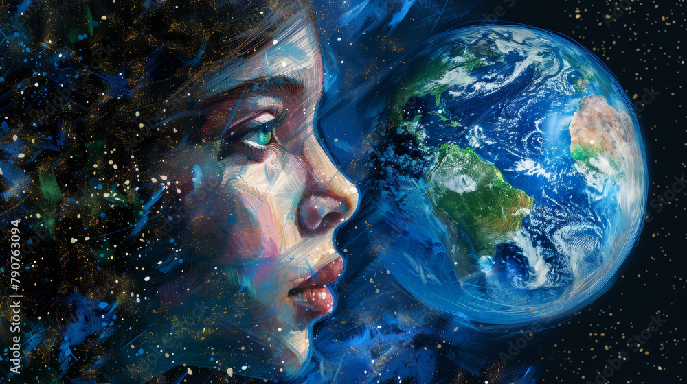 Portrait of a young girl looking ahead. Beautiful planet Earth on her ...