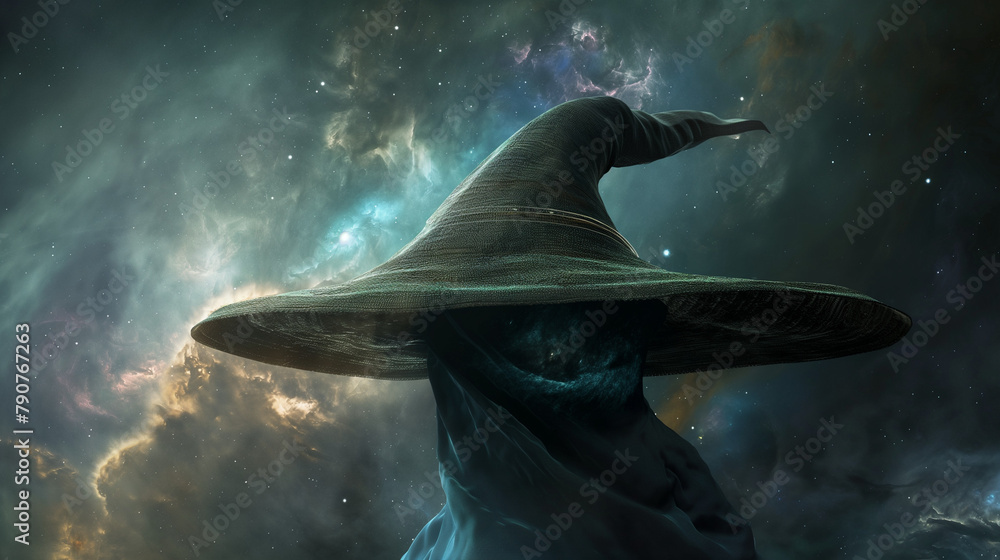 Mystical Wizard with Celestial Nebula Hat in Outer Space Stock ...