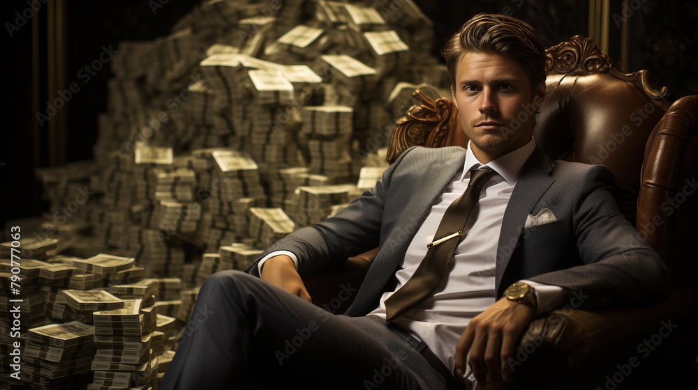 Majestic throne of wealth: businessman contemplates empire in lavish ...