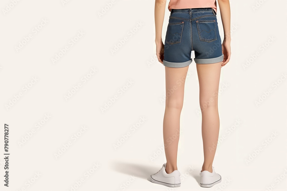 Girl in her 20s, women's denim shorts, back view, on white background ...