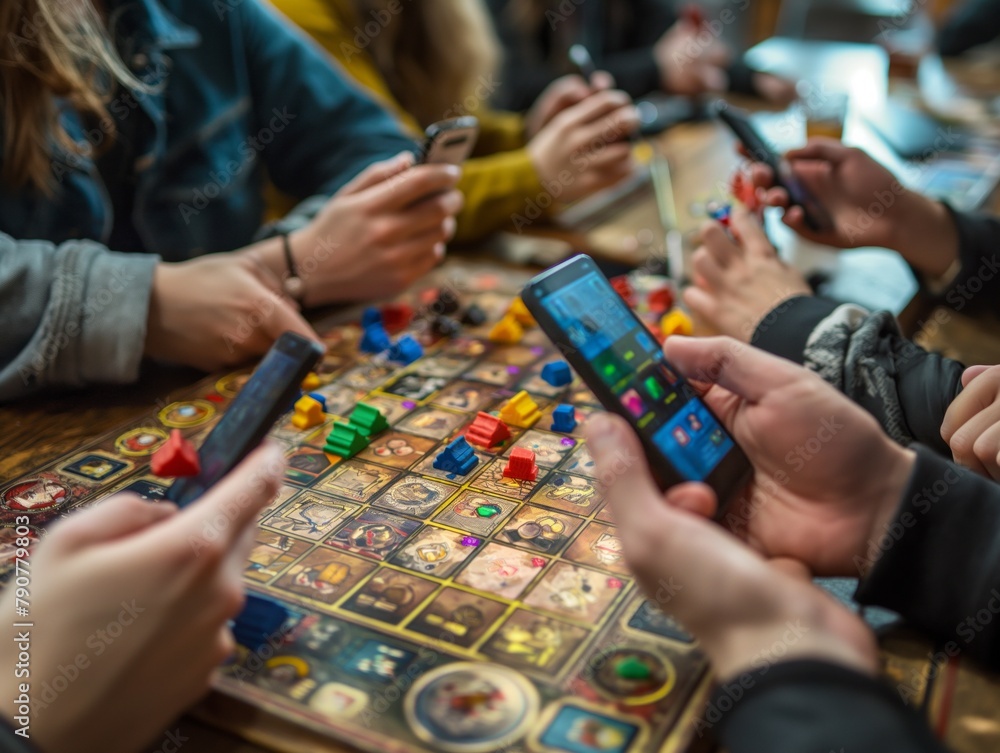A group of people are playing a board game while holding their cell ...