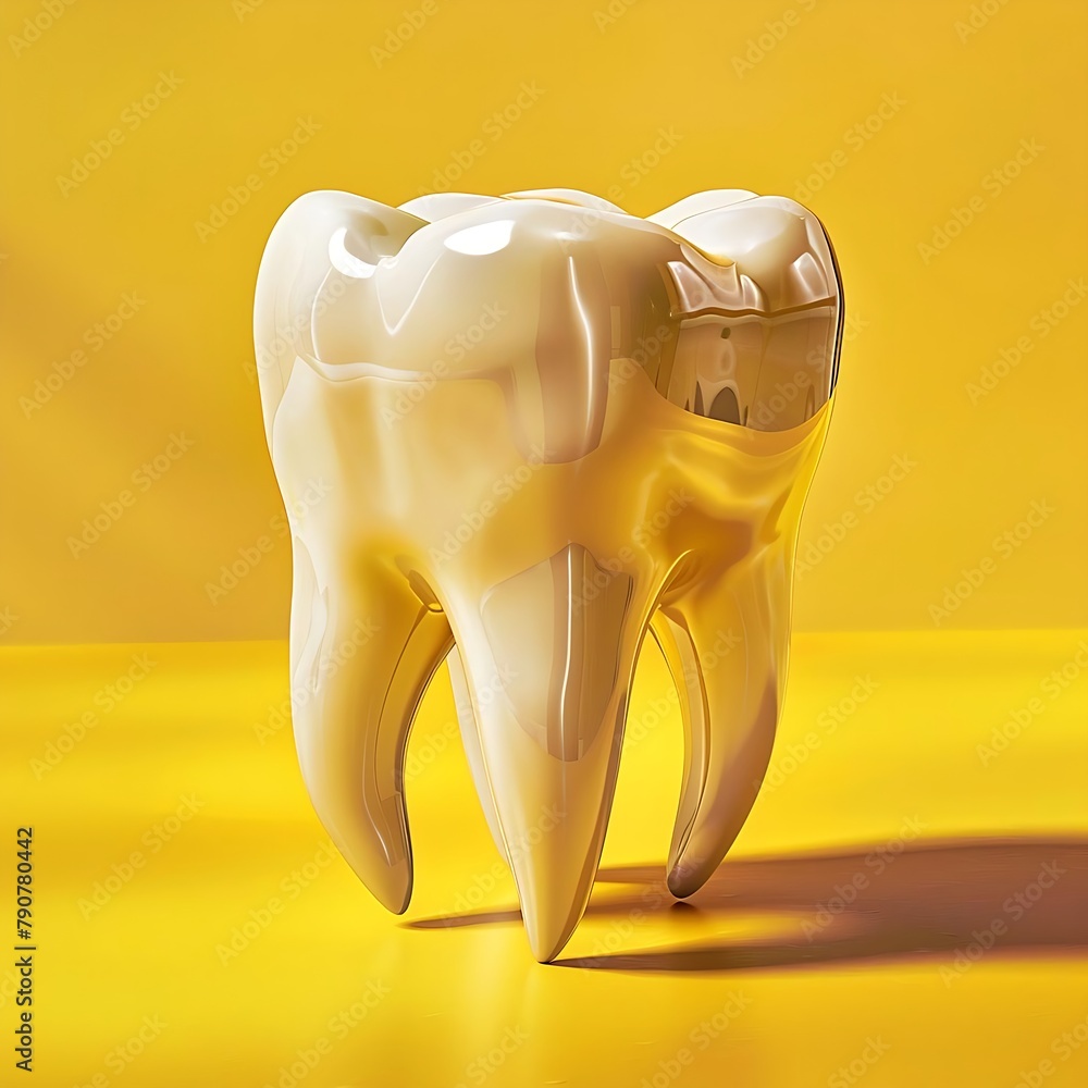 A tooth is shown in a yellow background. The tooth is white and has a ...