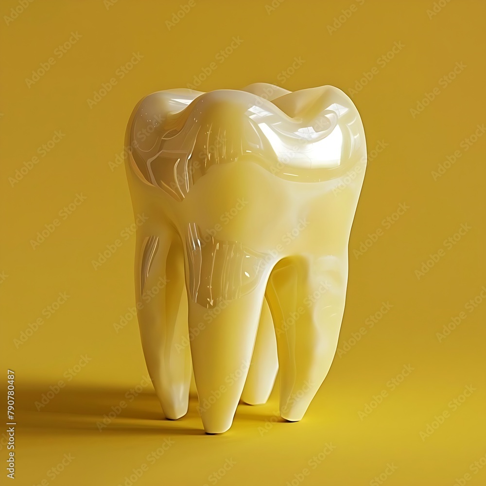 A tooth is shown in a yellow background. The tooth is white and has a ...