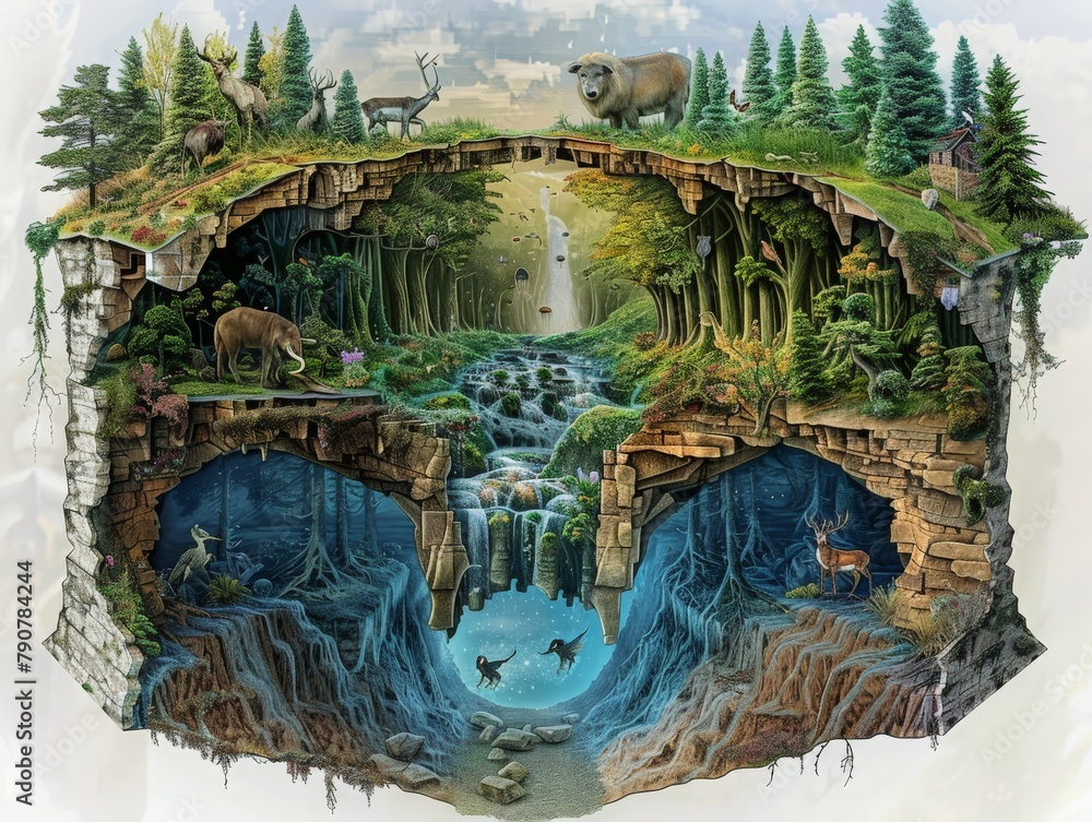 Cross-section of an enchanted forest, revealing the hidden world of ...