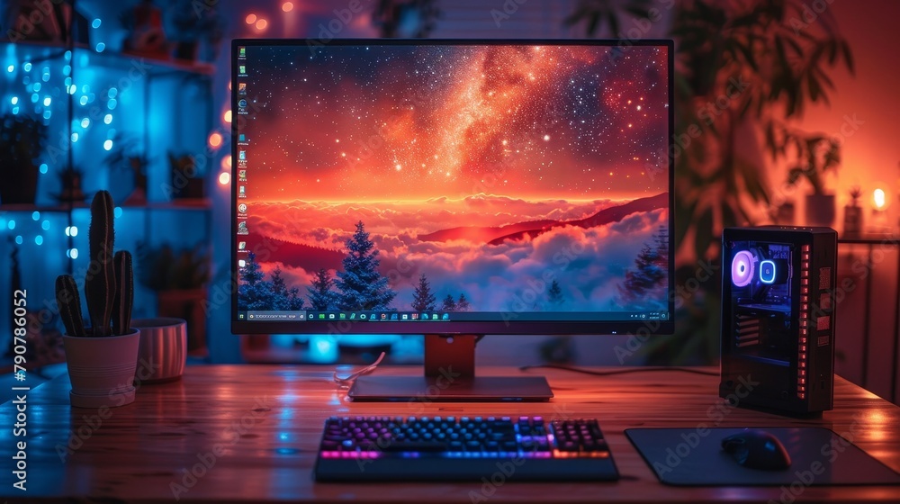 A modern powerful desktop PC computer with an empty monitor, keyboard ...