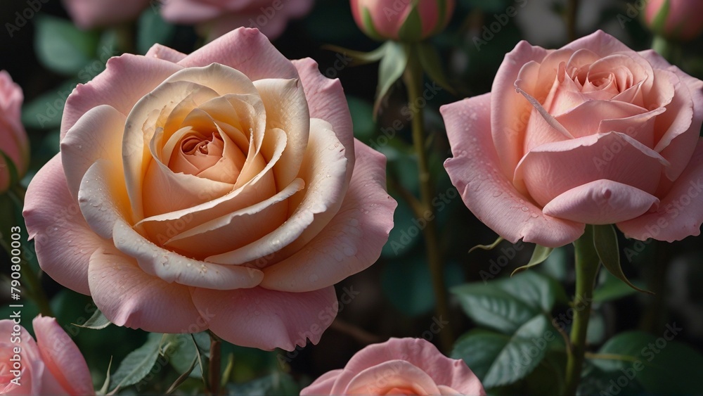 Amidst a backdrop of a lush, vibrant garden, a single delicate rose ...