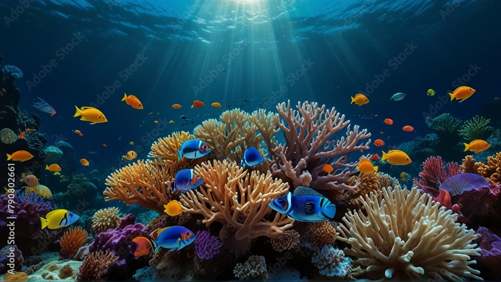 Bursting with vibrant life, a resplendent coral reef shines with a ...