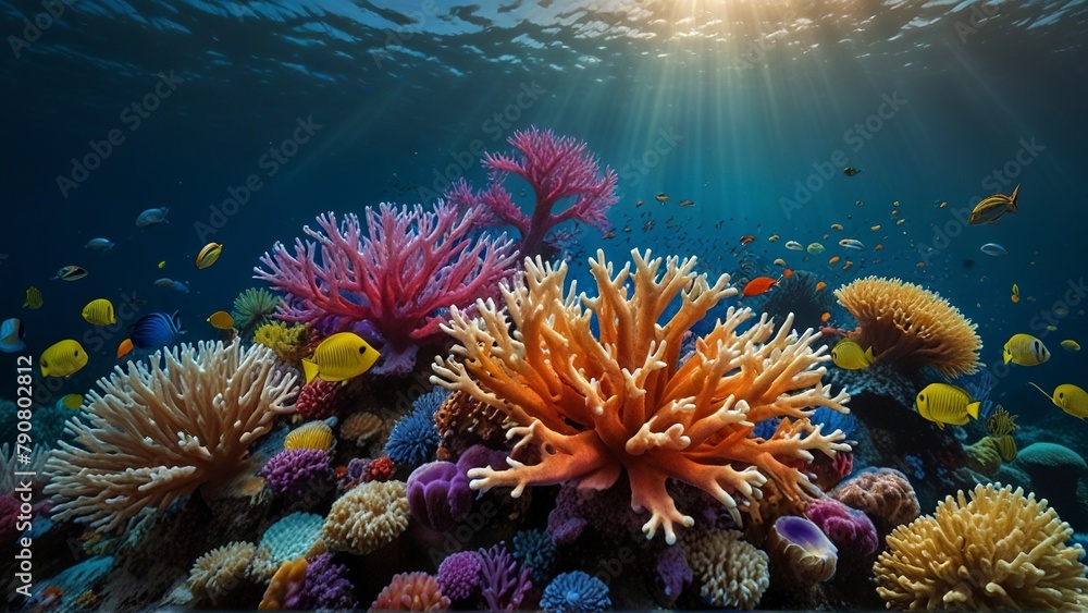 Bursting with vibrant life, a resplendent coral reef shines with a ...