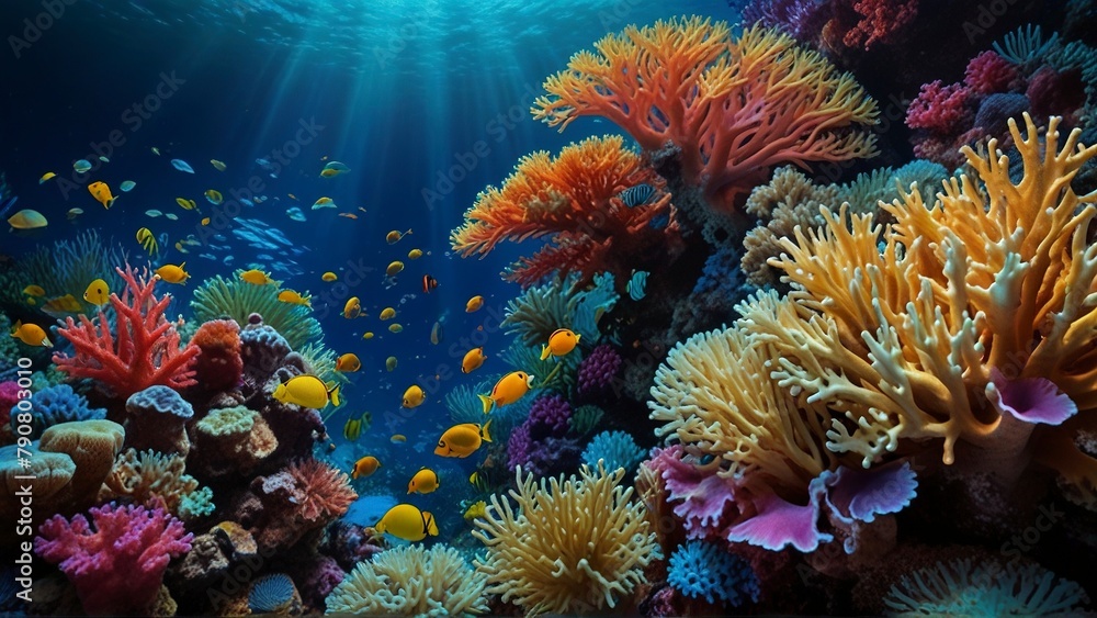 Bursting with vibrant life, a resplendent coral reef shines with a ... Bursting with vibrant life, a resplendent coral reef shines with a ...