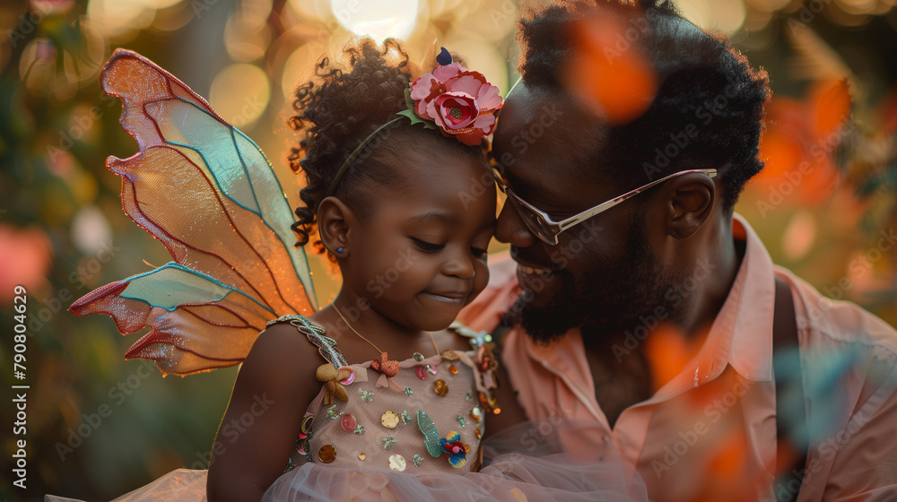Happy black father & child in fancy dress as fairies princesses. Black ...