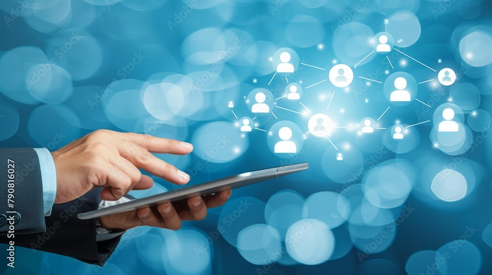 Communication network concept, businessman holding tablet with overlay ...
