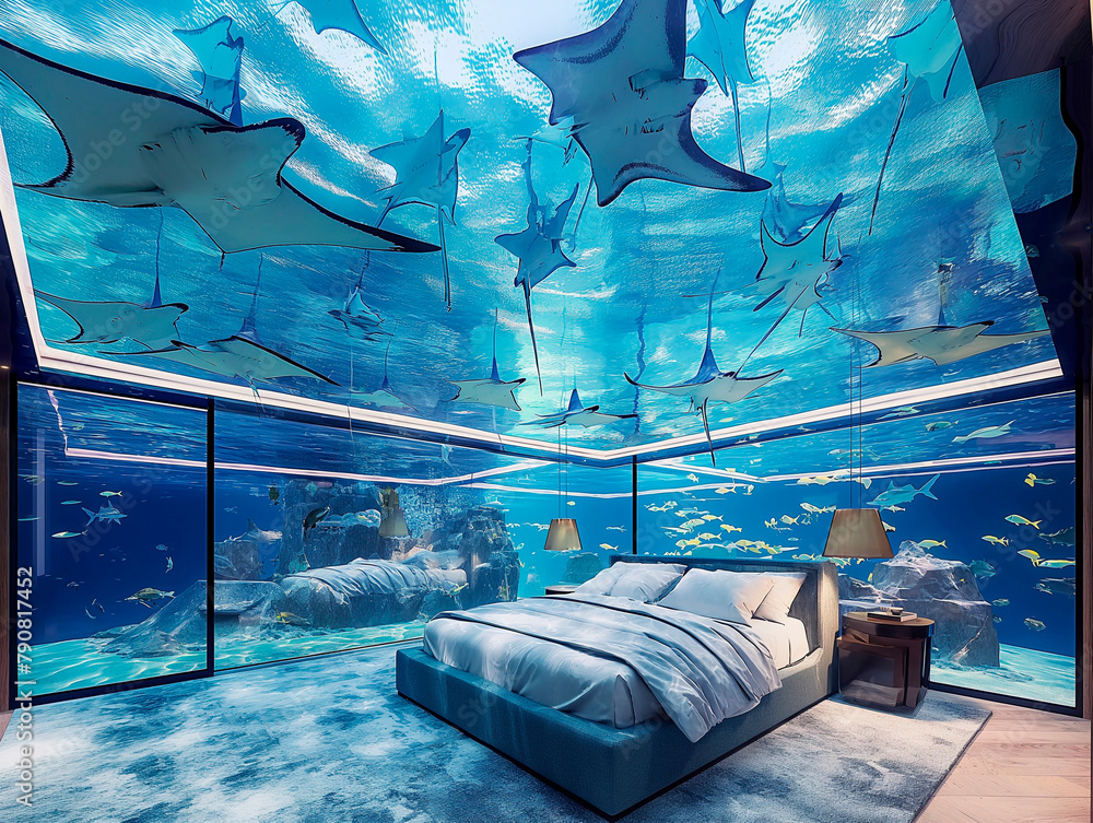 luxury hotel room with a glass ceiling overlooking the pool above the ...