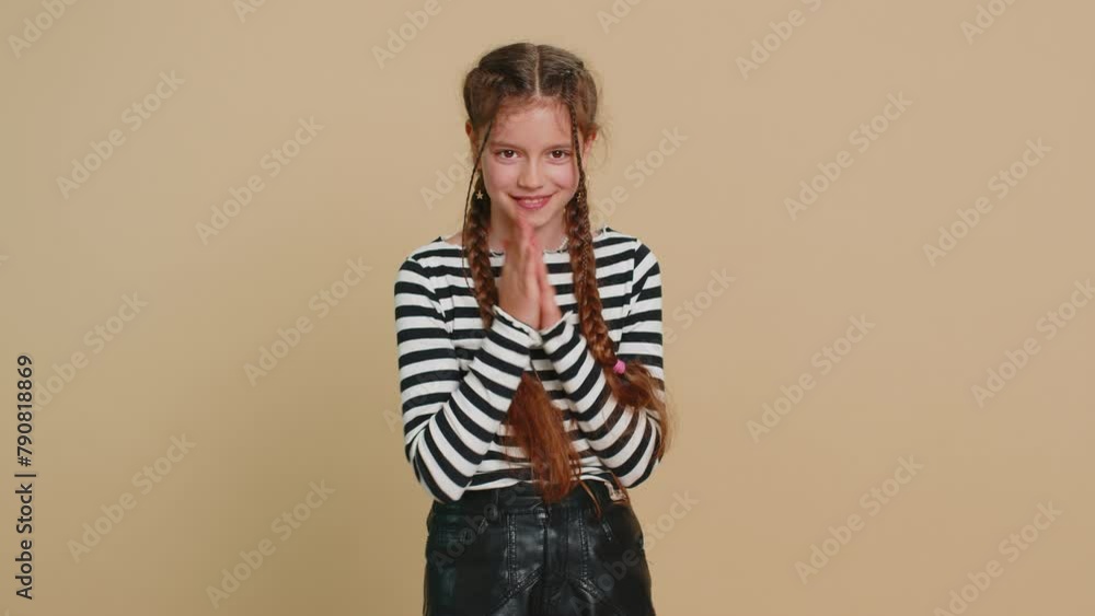 Sneaky cunning preteen child girl kid with tricky face gesticulating ...