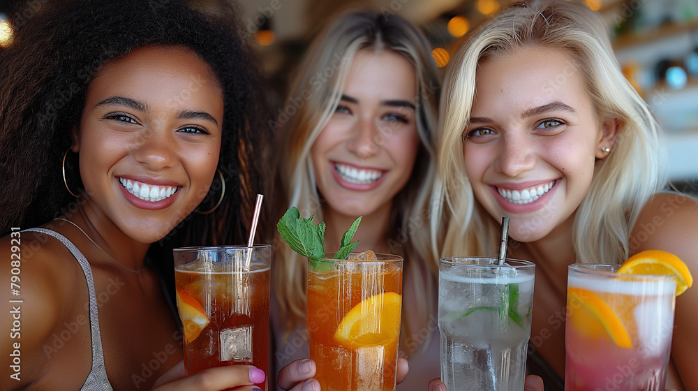 Happy friends group cheering mojito drinks at cocktail bar restaurant ...