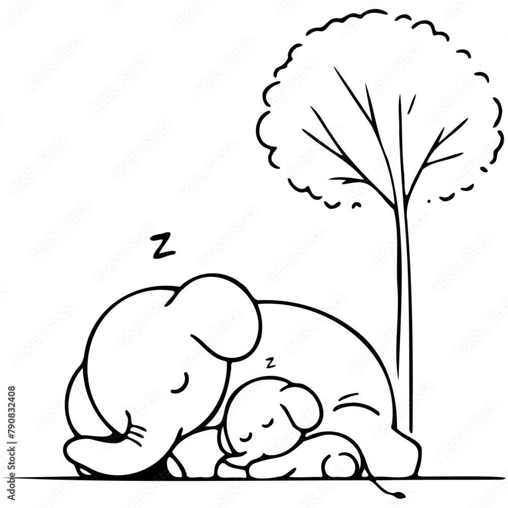 doodle of mom and baby elephant, Mom elephant and baby elephant napping ...