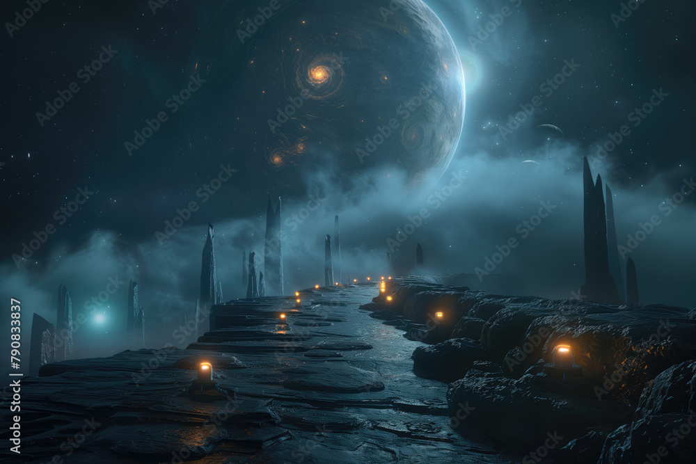 Mystical Alien Landscape with Glowing Pathway and Majestic Planet ...