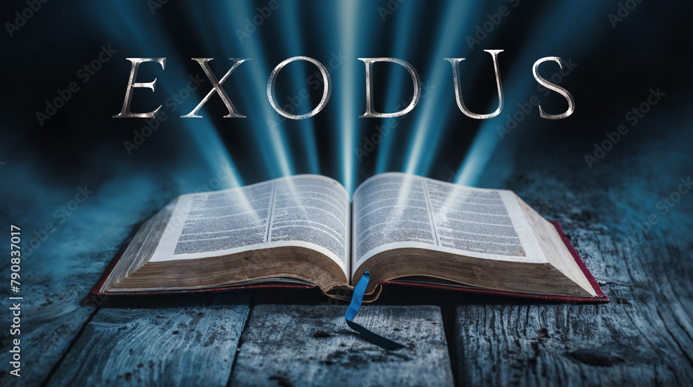 Book of Exodus. Open bible revealing the name of the book of the bible in a epic cinematic ...
