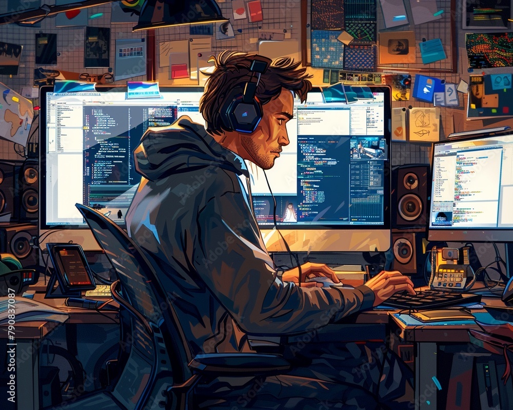 Tech Enthusiast Depict the man engrossed in coding on his computer ...
