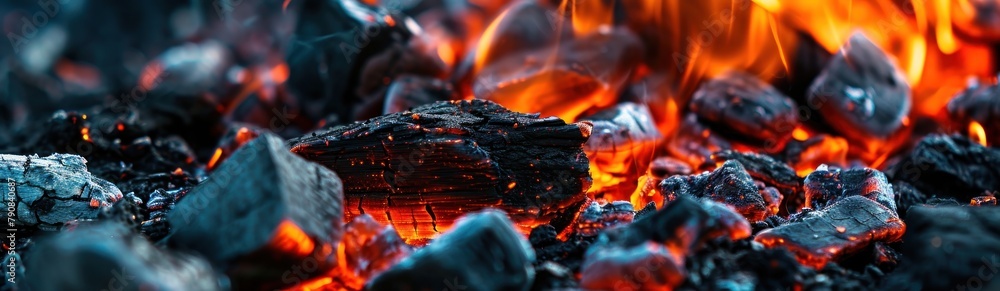 Burning coals in the barbecue, close-up, background. Coal texture ...