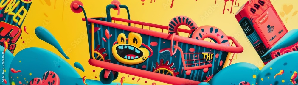 Animated shopping carts racing towards checkout, playful representation ...