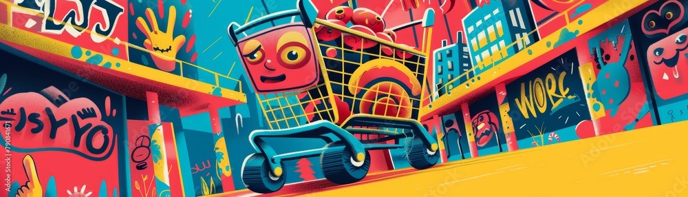 Animated shopping carts racing towards checkout, playful representation ...