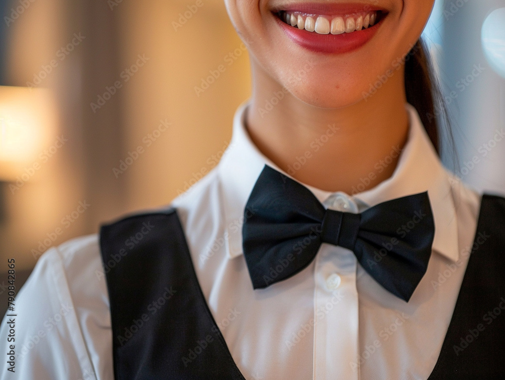 Close-up of a charismatic female concierge, her half-body frame and ...
